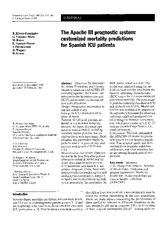 (PDF) The apache III prognostic system: customized mortality ...