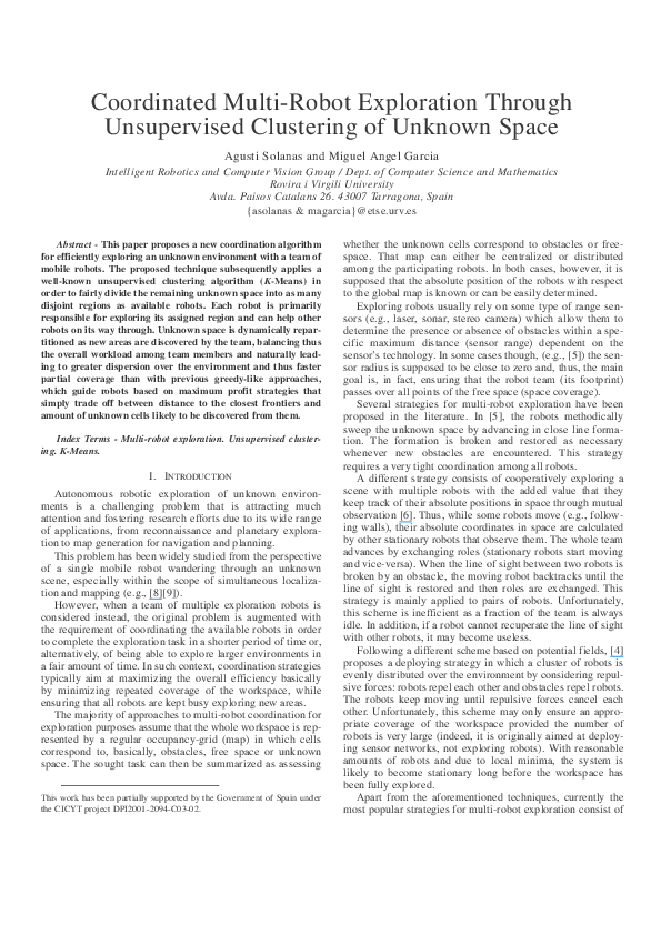 (PDF) Coordinated multi-robot exploration through unsupervised clustering of unknown space