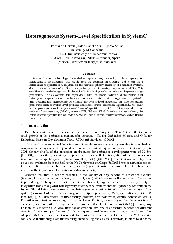 Pdf Heterogeneous System Level Specification In Systemc 