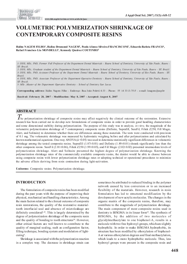 Pdf Volumetric Polymerization Shrinkage Of Contemporary Composite Resins