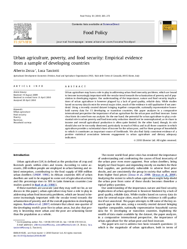 (PDF) Urban agriculture, poverty, and food security: Empirical evidence ...