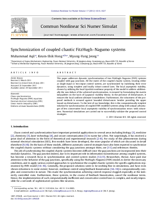 Pdf Synchronization Of Coupled Chaotic Fitzhugh Nagumo Systems