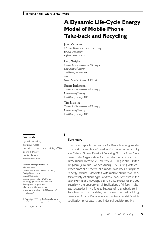 (PDF) A Dynamic Life-Cycle Energy Model of Mobile Phone Take-back and ...