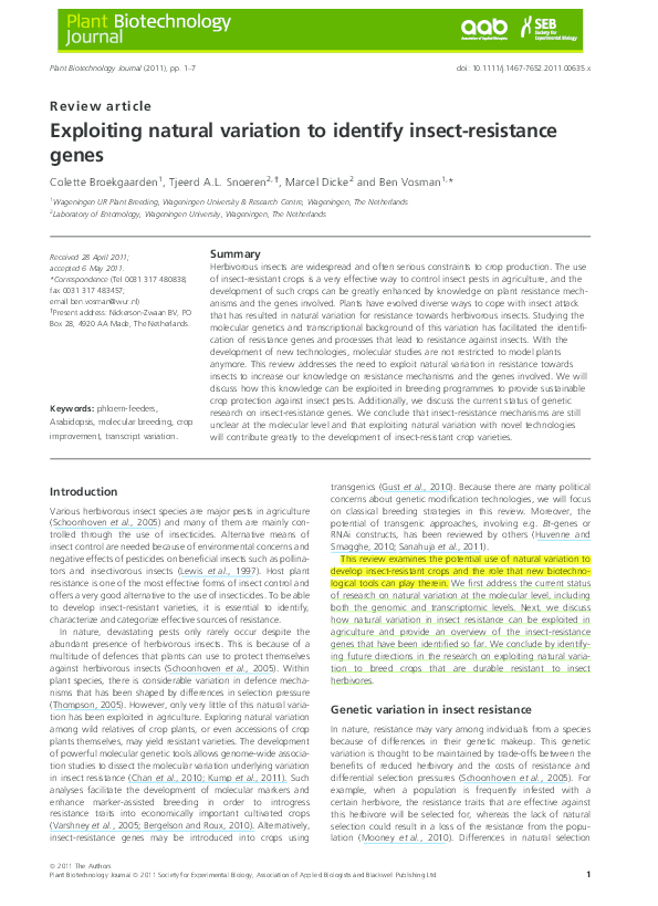 (PDF) Exploiting natural variation to identify insect-resistance genes