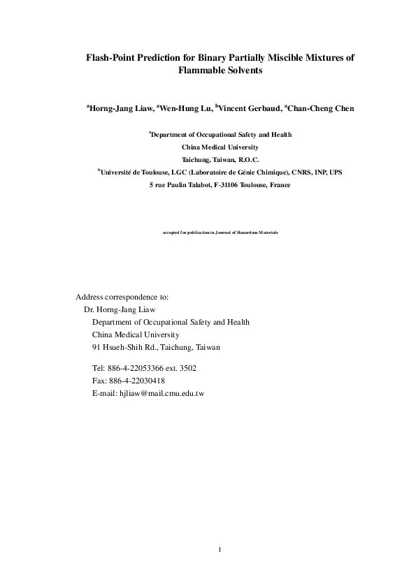 (PDF) Flash-point prediction for binary partially miscible mixtures of flammable solvents