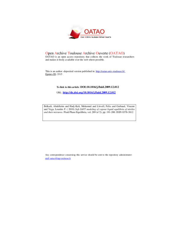 (PDF) Soft-SAFT modeling of vapor–liquid equilibria of nitriles and ...