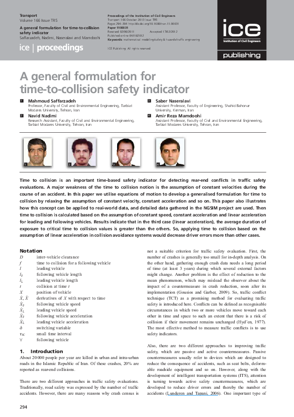 (PDF) A general formulation for time-to-collision safety indicator