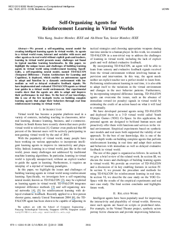 (PDF) Self-organizing agents for reinforcement learning in virtual worlds | Yilin Kang ...