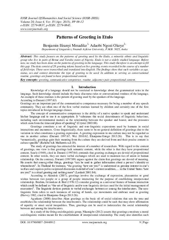 (PDF) Patterns of Greeting in Etulo