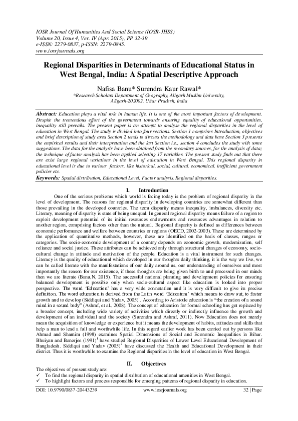 (PDF) Regional Disparities in Determinants of Educational Status in West Bengal, India: A ...