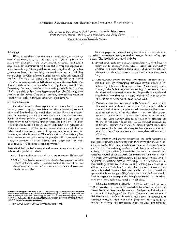 Pdf Epidemic Algorithms For Replicated Database Management