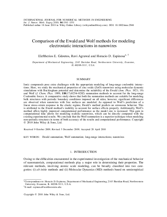 (PDF) Comparison of the Ewald and Wolf methods for modeling electrostatic interactions in nanowires
