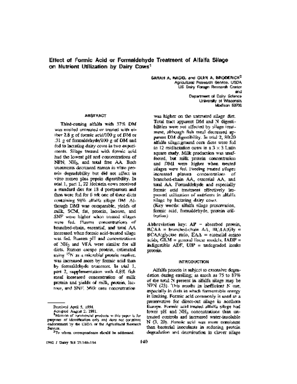 (PDF) Effect of Formic Acid or Formaldehyde Treatment of Alfalfa Silage ...