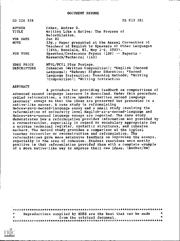 (PDF) Writing Like a Native: The Process of Reformulation