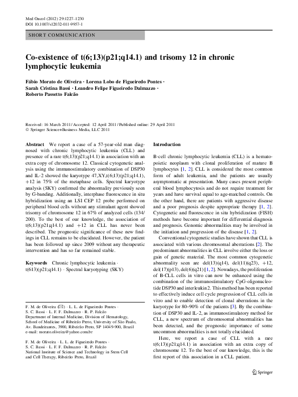 (PDF) Co-existence of t(6;13)(p21;q14.1) and trisomy 12 in chronic ...