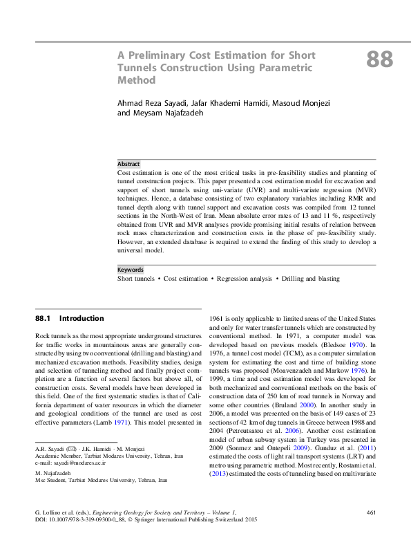 Pdf A Preliminary Cost Estimation For Short Tunnels Construction Using Parametric Method 