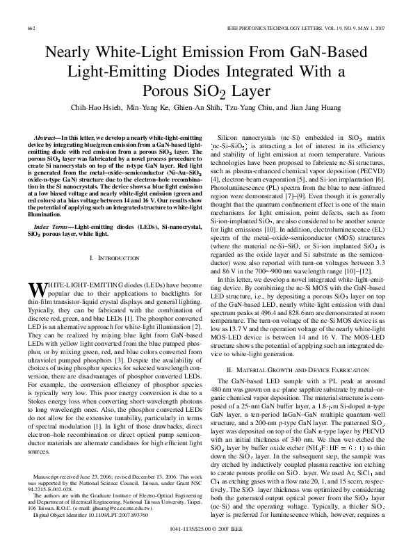 (PDF) Nearly White-Light Emission From GaN-Based Light-Emitting Diodes Integrated With a Porous ...