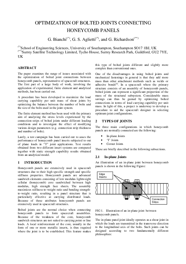 (PDF) Optimization of Bolted Joints Connecting Honeycomb Panels