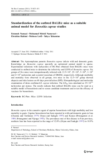 (PDF) Standardization of the outbred BALB/c mice as a suitable animal ...