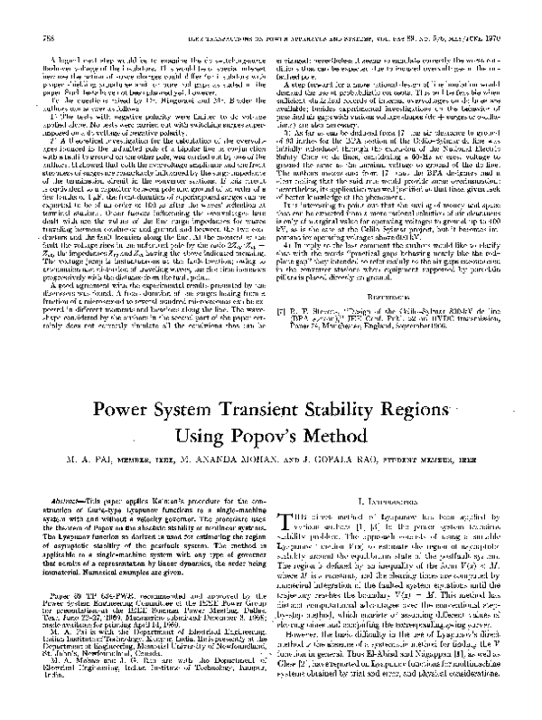 (PDF) Power System Transient Stability: Regions Using Popov's Method