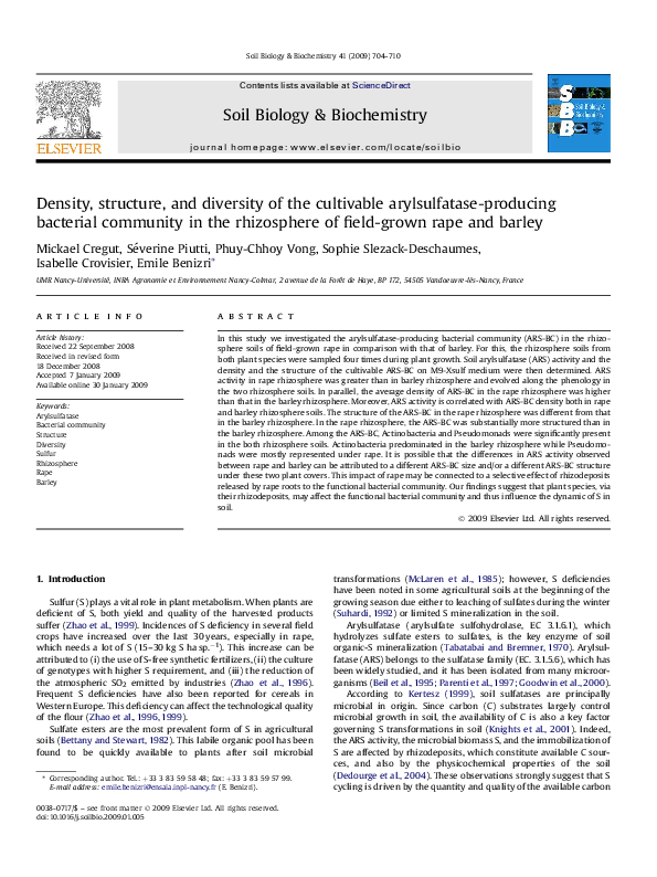 (PDF) Density, structure, and diversity of the cultivable arylsulfatase-producing bacterial ...