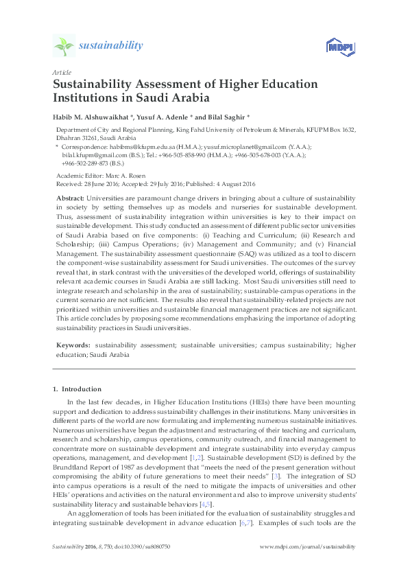 (PDF) Sustainability Assessment of Higher Education Institutions in ...