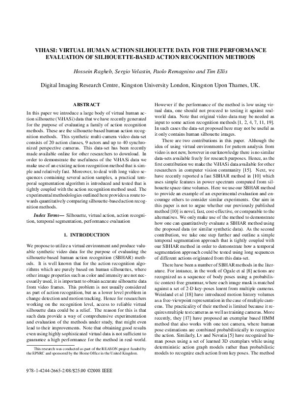 Pdf Vihasi Virtual Human Action Silhouette Data For The Performance