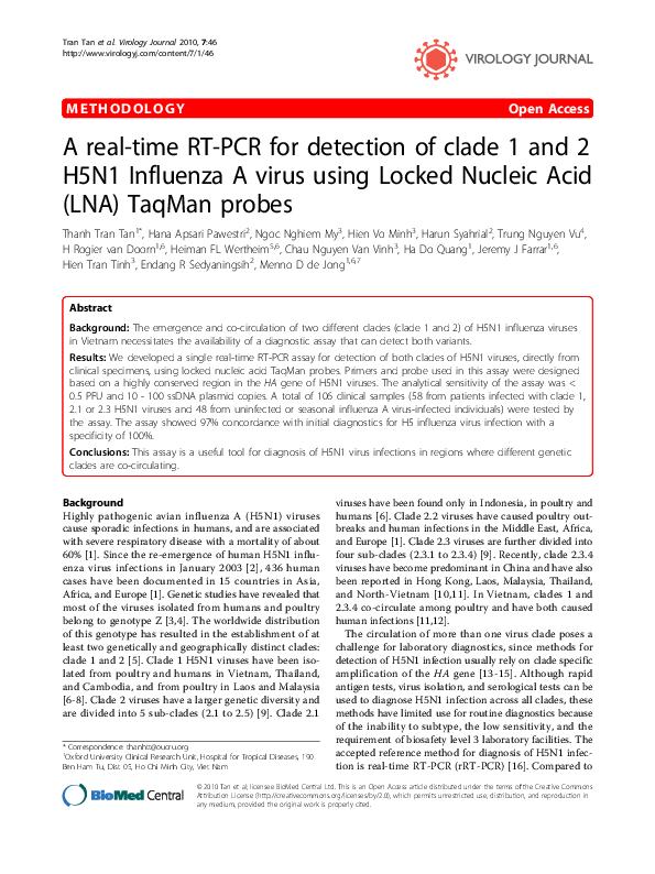 (PDF) A real-time RT-PCR for detection of clade 1 and 2 H5N1 Influenza ...