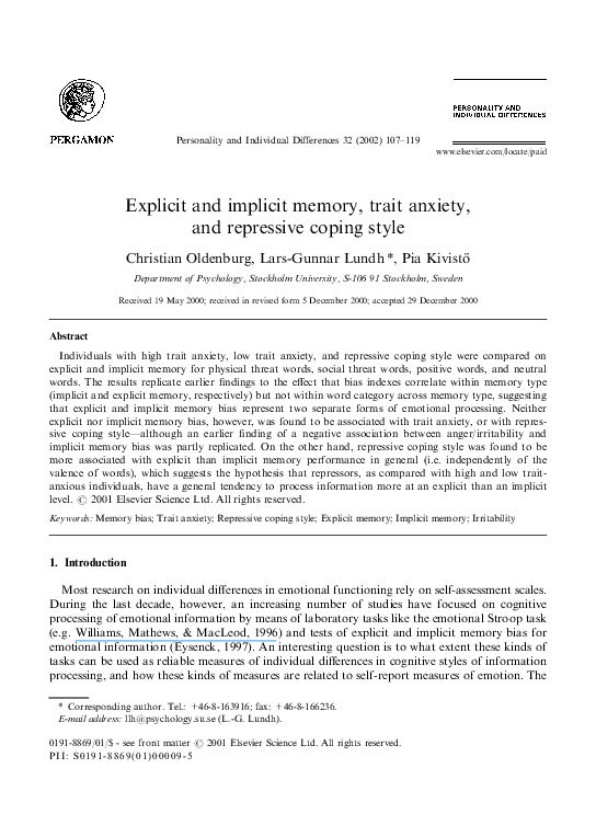 (PDF) Explicit and implicit memory, trait anxiety, and repressive ...