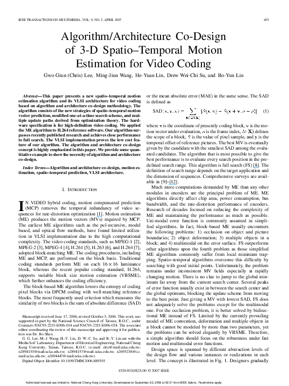 Pdf Algorithm Architecture Co Design Of 3 D Spatio Temporal Motion Estimation For Video Coding