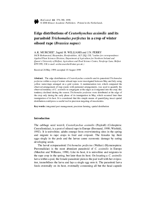 (PDF) Edge distributions of Ceutorhynchus assimilis and its parasitoid ...