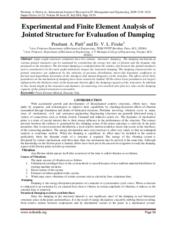 (PDF) Experimental and Finite Element Analysis of Jointed Structure for Evaluation of Damping
