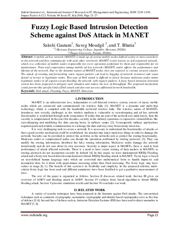 Pdf Fuzzy Logic Based Intrusion Detection Scheme Against Dos Attack