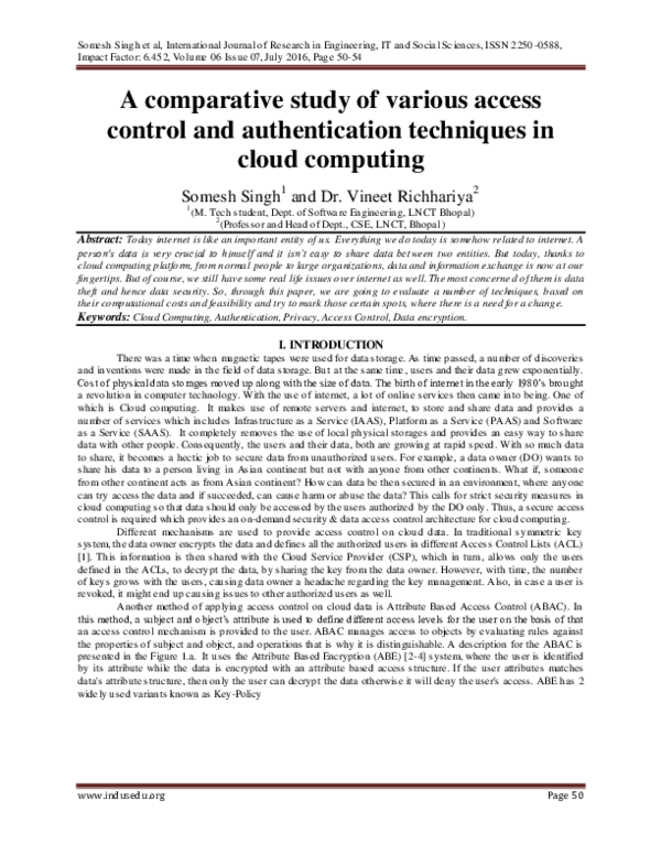 (PDF) A comparative study of various access control and authentication techniques in cloud computing