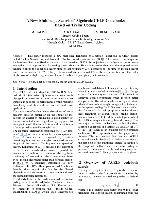 (PDF) A New Multistage Search of Algebraic CELP Codebooks Based on Trellis Coding