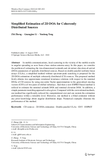 (PDF) Simplified Estimation of 2D DOA for Coherently Distributed Sources