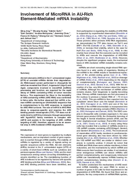 (PDF) Involvement of MicroRNA in AU-Rich Element-Mediated mRNA Instability