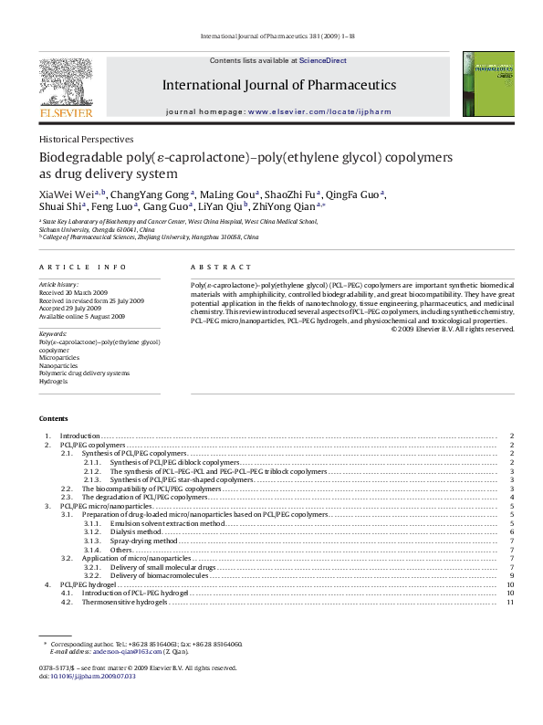 (PDF) Biodegradable poly(ɛ-caprolactone)–poly(ethylene glycol) copolymers as drug delivery system