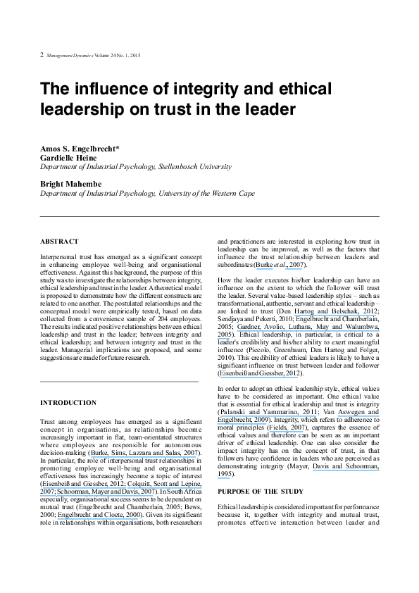 (PDF) The influence of integrity and ethical leadership on trust in the ...
