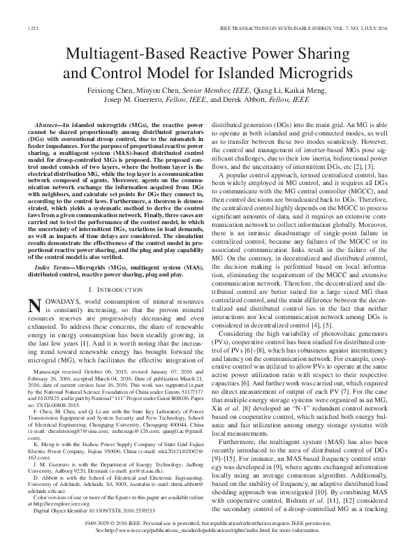 (PDF) Multiagent-Based Reactive Power Sharing and Control Model for Islanded Microgrids | Derek ...