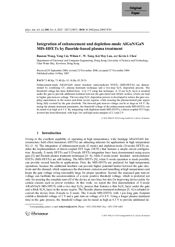 (PDF) Fluoride Plasma Treatment for AlGaN/GaN MIS-HFET Integration