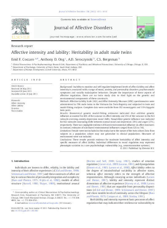 (PDF) Affective intensity and lability: Heritability in adult male twins