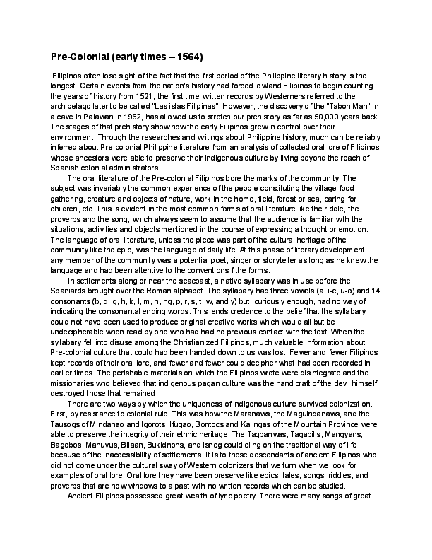 (DOC) Pre-Colonial (early times – 1564