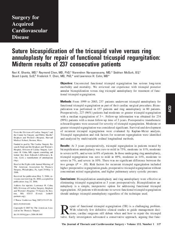 (PDF) Suture bicuspidization of the tricuspid valve versus ring ...