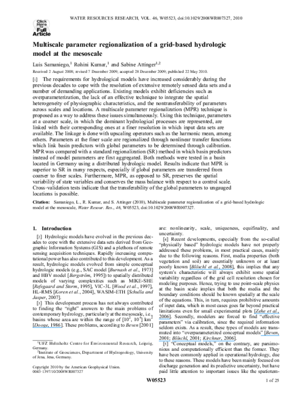 (PDF) Multiscale parameter regionalization of a grid-based hydrologic model at the mesoscale