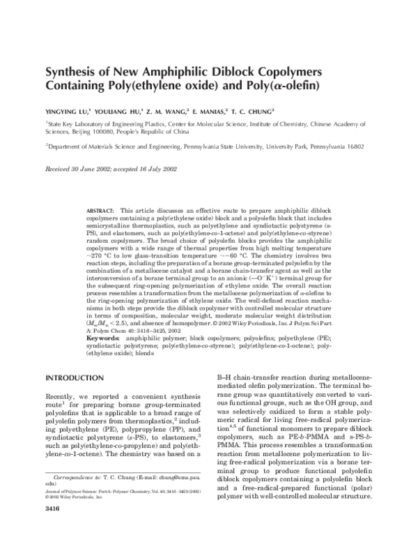 (PDF) Synthesis of new amphiphilic diblock copolymers containing poly(ethylene oxide) and poly ...