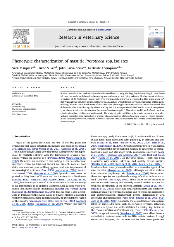(PDF) Phenotypic characterization of mastitic Prototheca spp. isolates