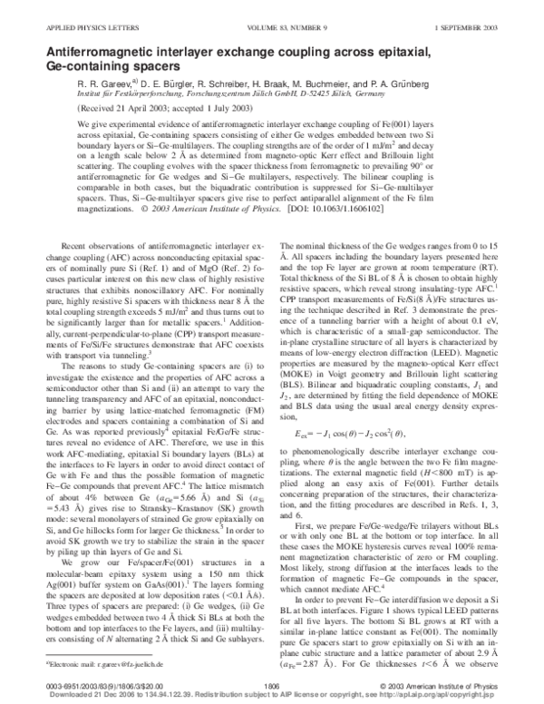 (PDF) Antiferromagnetic interlayer exchange coupling across epitaxial, Ge-containing spacers