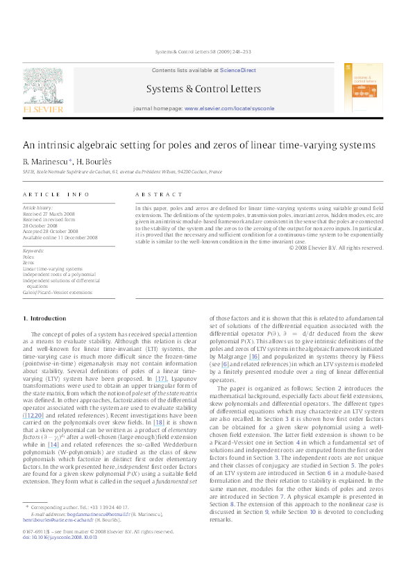 Pdf An Intrinsic Algebraic Setting For Poles And Zeros Of Linear Time