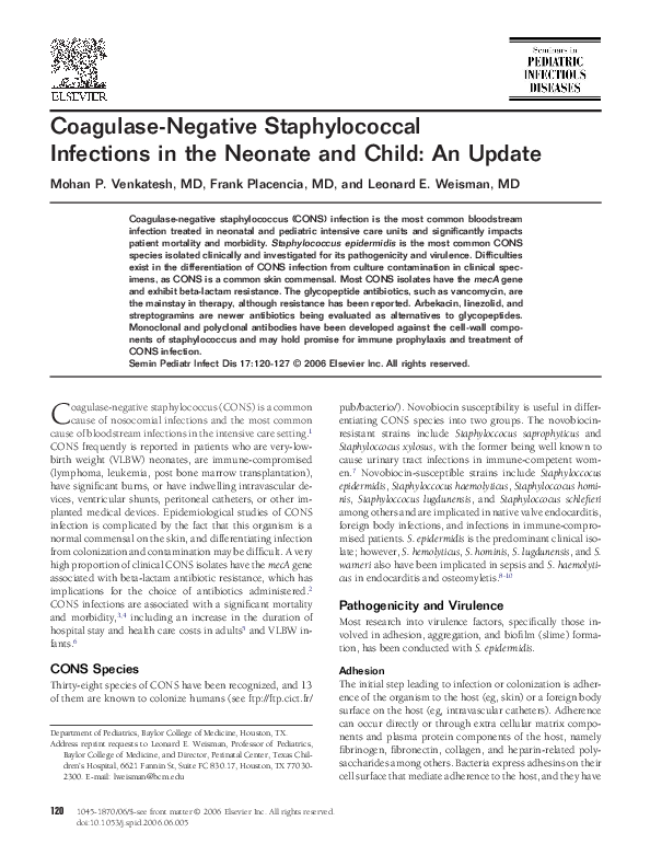 (PDF) Coagulase-Negative Staphylococcal Infections in the Neonate and Child: An Update